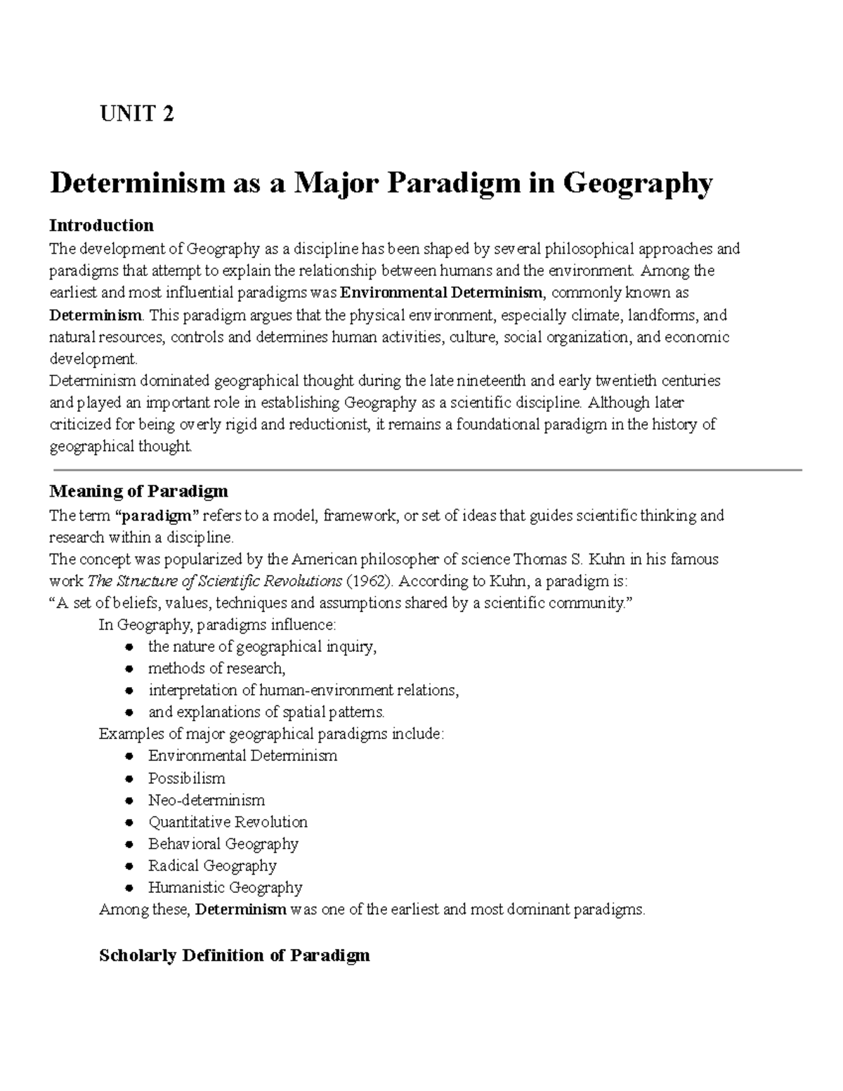 UNIT 2 EGT - Determinism and Possibilism in Geography - Studocu