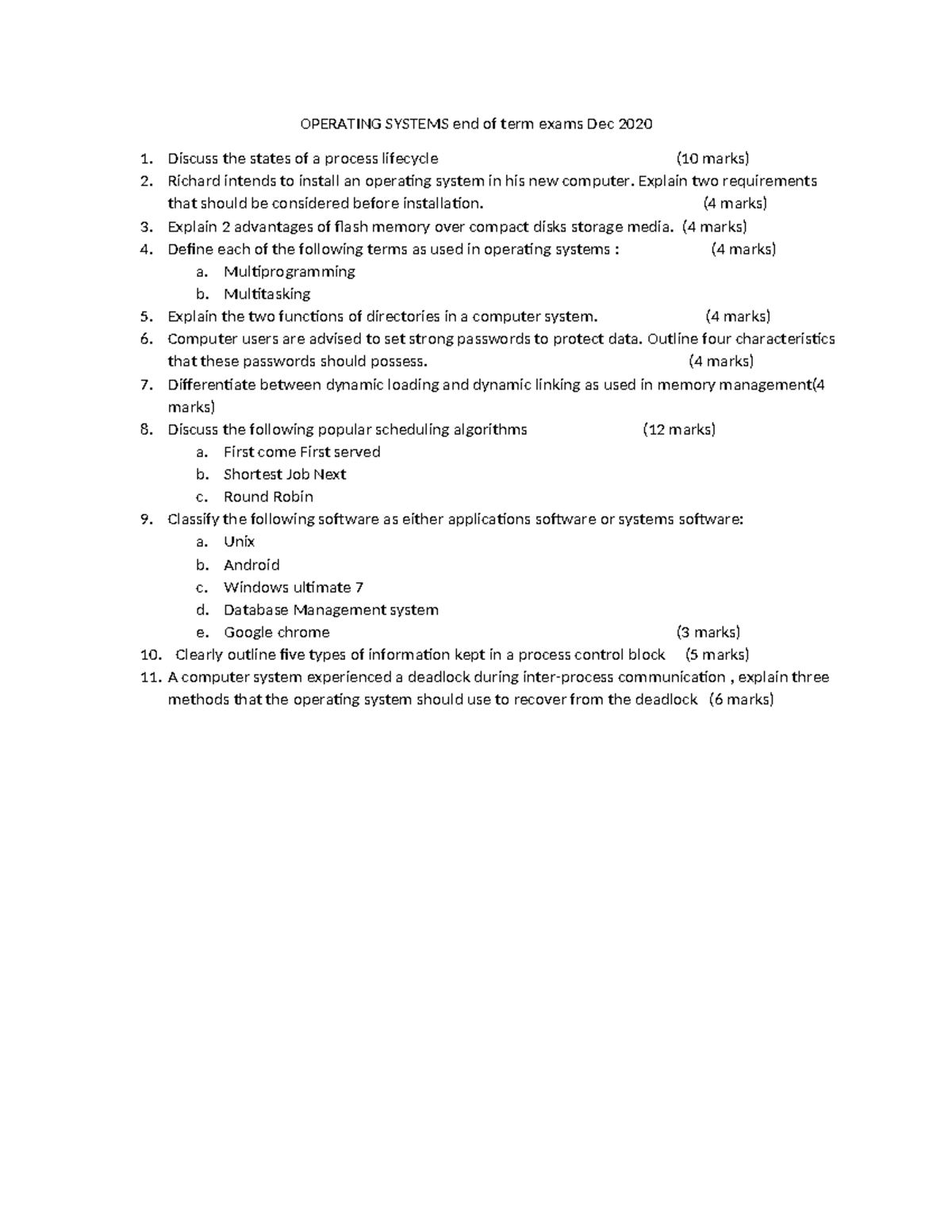 Operating Systems (OS) End of Term Exam Dec 2020: Key Topics ...