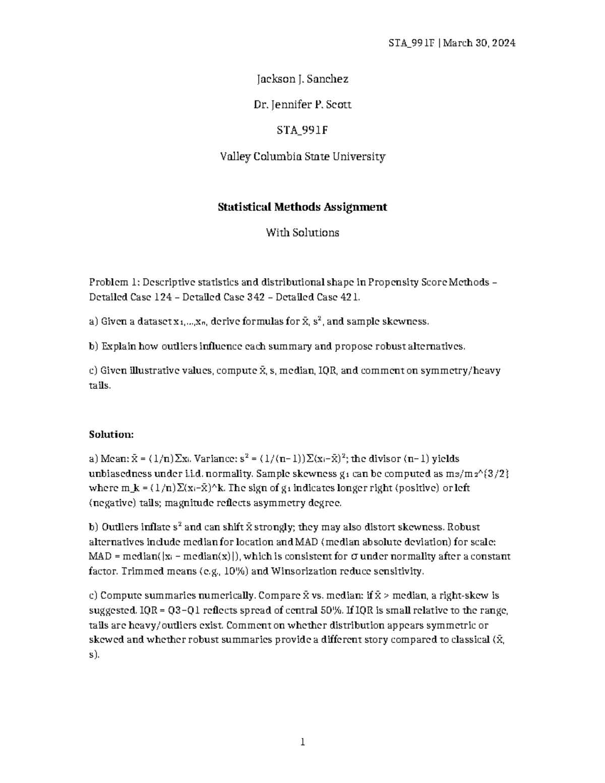 STA_991F Statistical Methods Assignment Solutions: Propensity Score ...