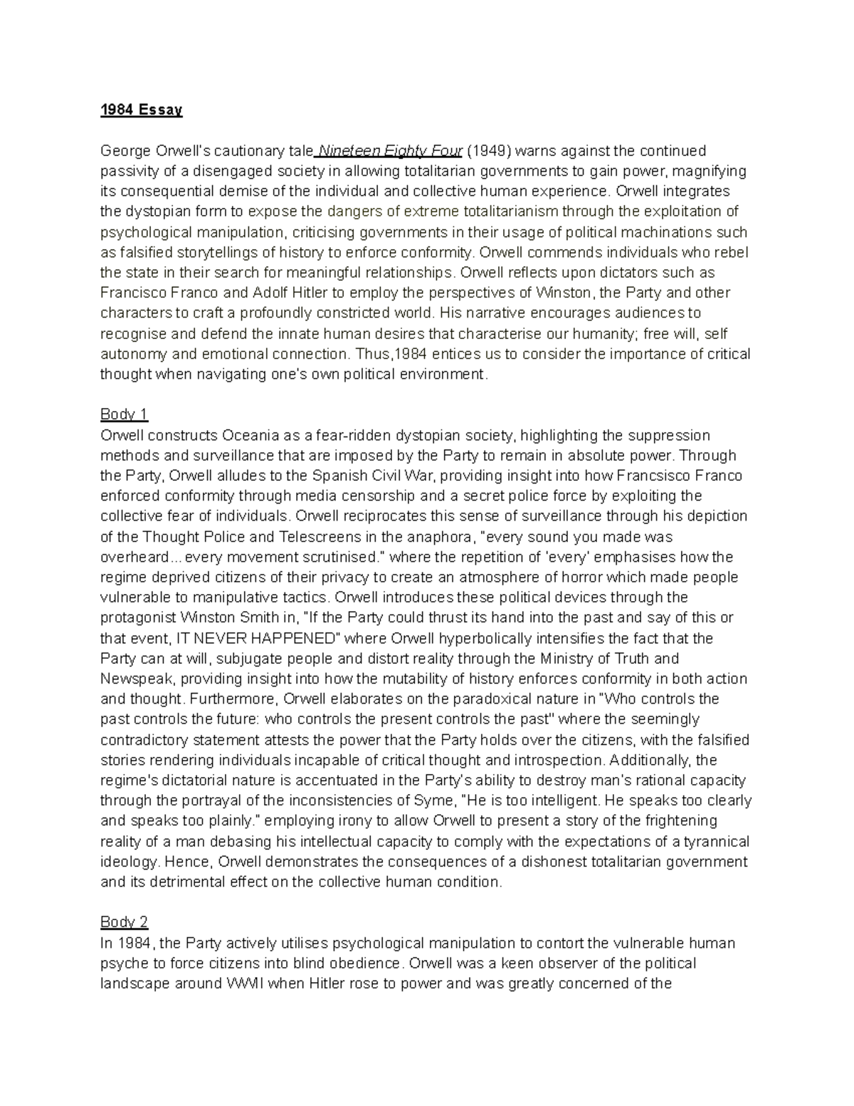 Nineteen Eighty Four essay: exploring totalitarianism and human ...