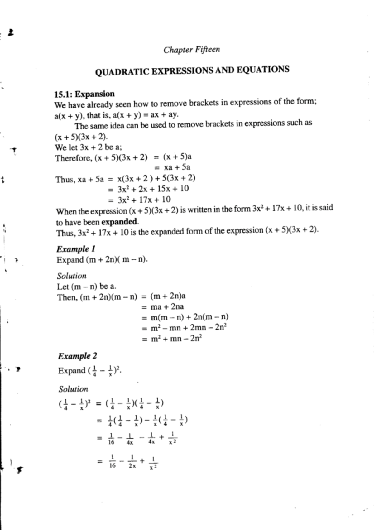 Quadratic 1 - Math 100 - Chapter Fifteen QUADRATIC EXPRESSIONS AND ...