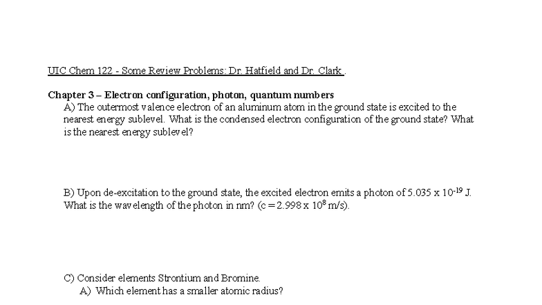 UIC Chem 122 Final Exam Review Questions: Electron Configurations ...