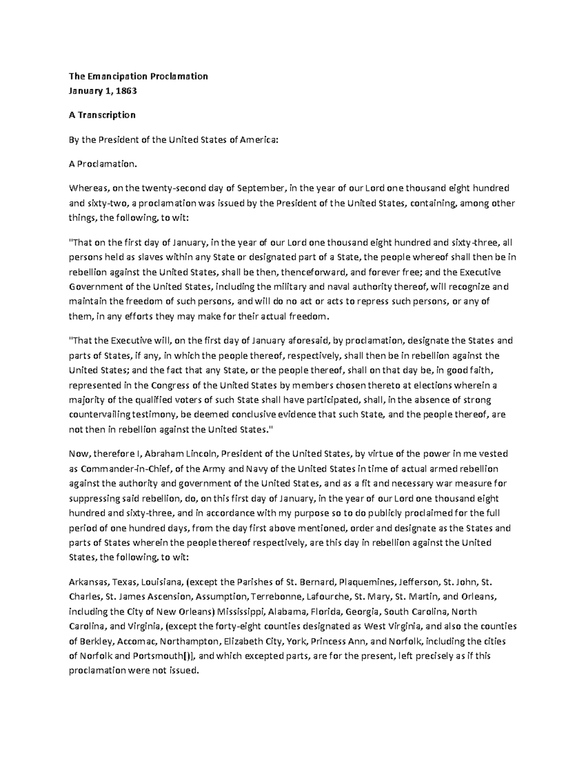 The Emancipation Proclamation (1863) - A Historical Analysis - Studocu