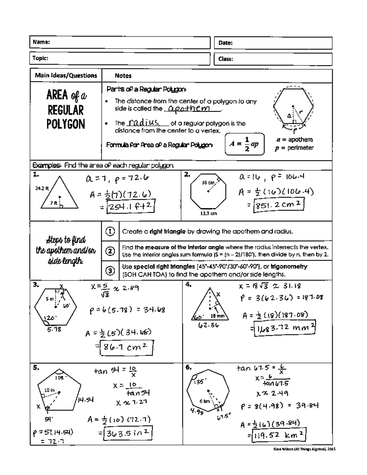 Answer Key to CW: Area of Regular Polygons Analysis - Studocu