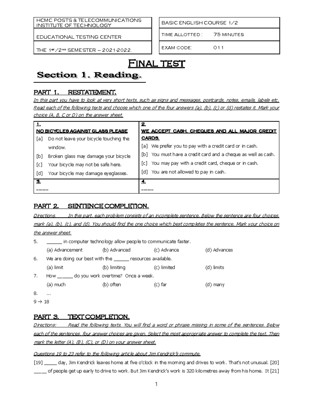 Final Exam Sample-Test for Basic English Course 1&2 - Studocu