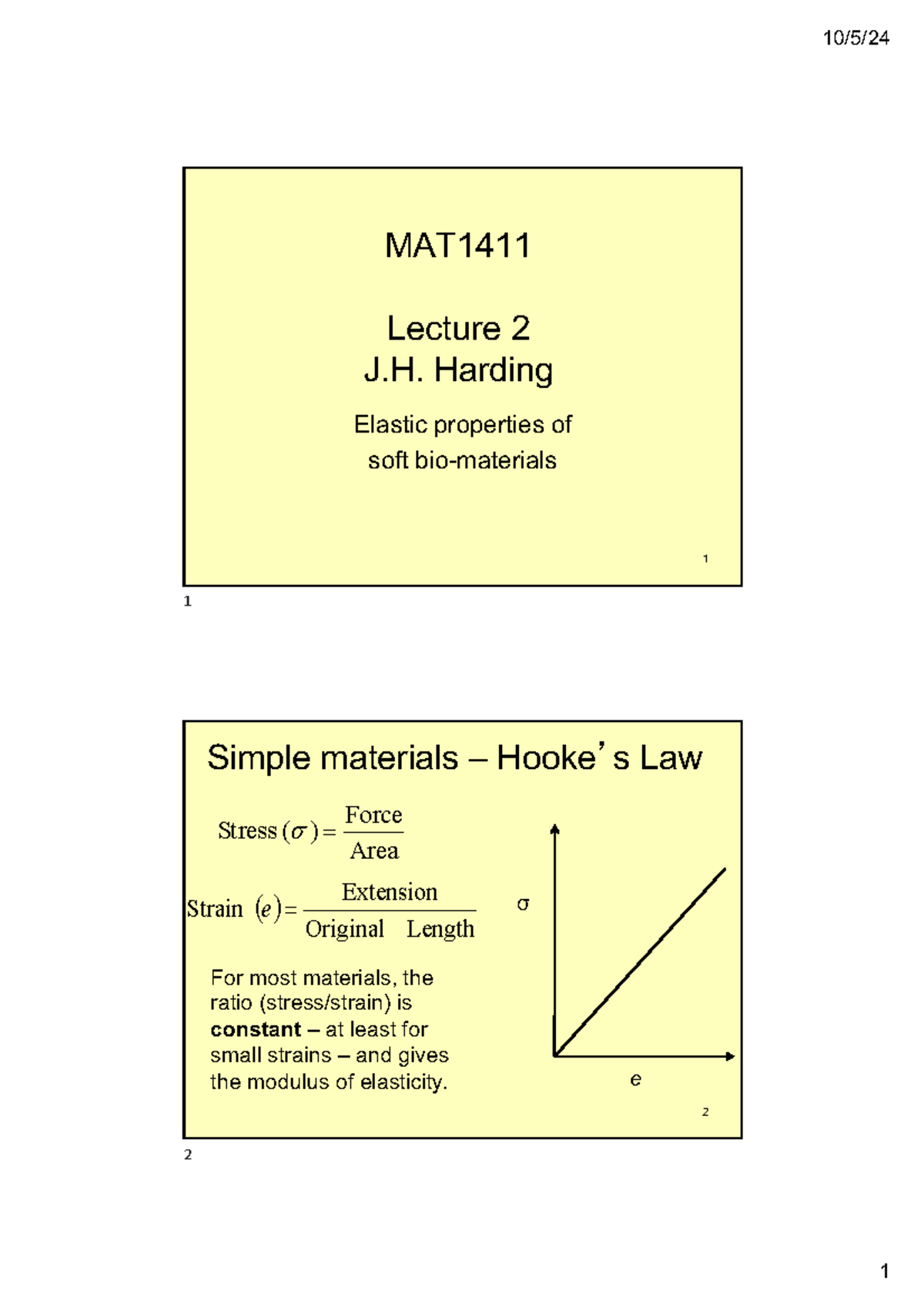 MAT1411 Lecture 2 - Elastic Properties of Biomaterials - Studocu