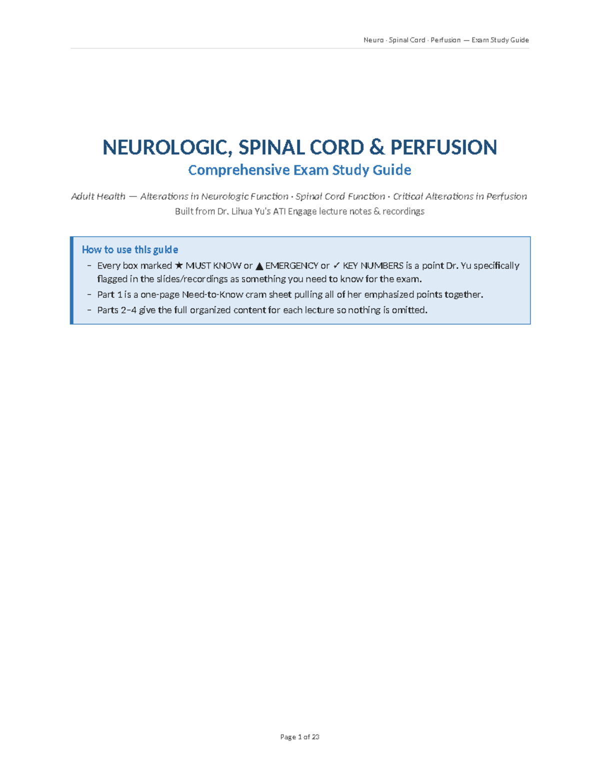 Neuro-Spinal Cord Perfusion Exam Study Guide (NEUROLOGIC) - Studocu