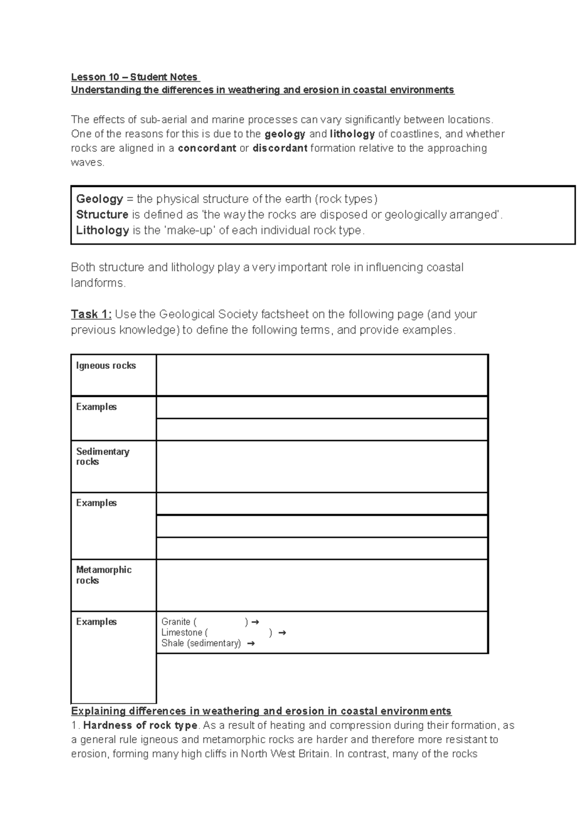 Lesson 10 Student Notes: Weathering & Erosion in Coastal Environments ...