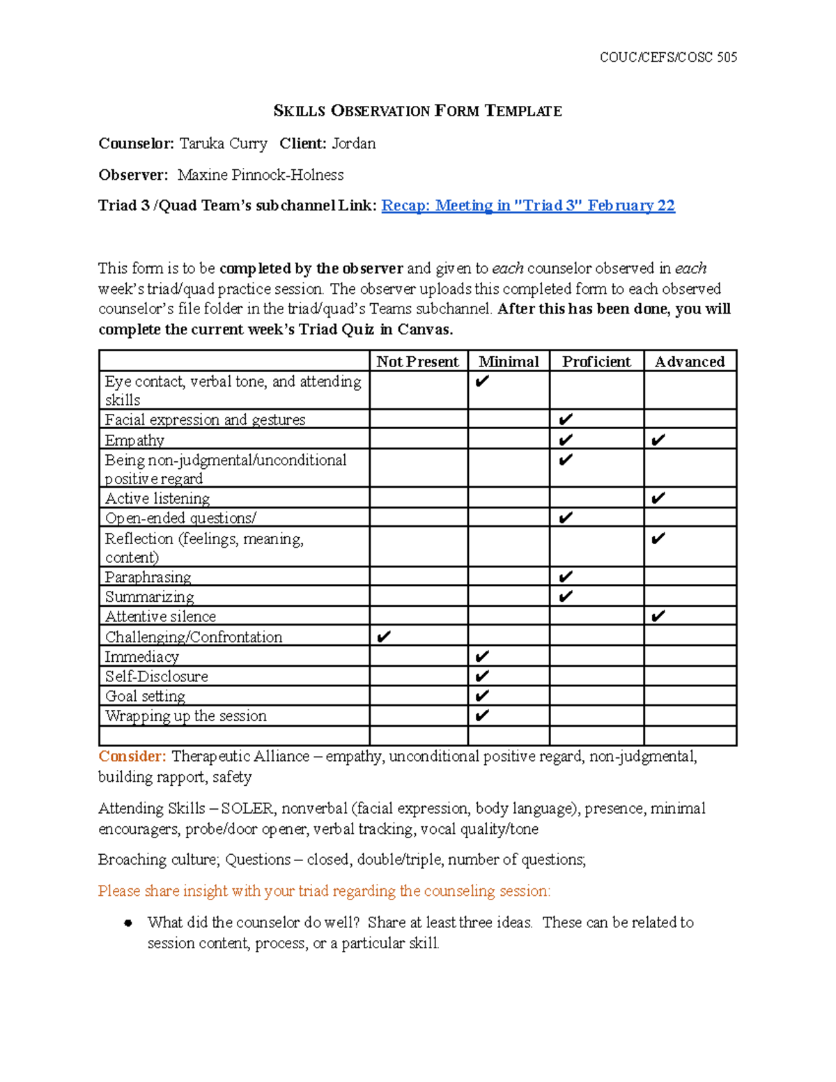 2025 Dr. TW's Skills Observation Form For Turaka Curry - 2 23 24 Maxine ...
