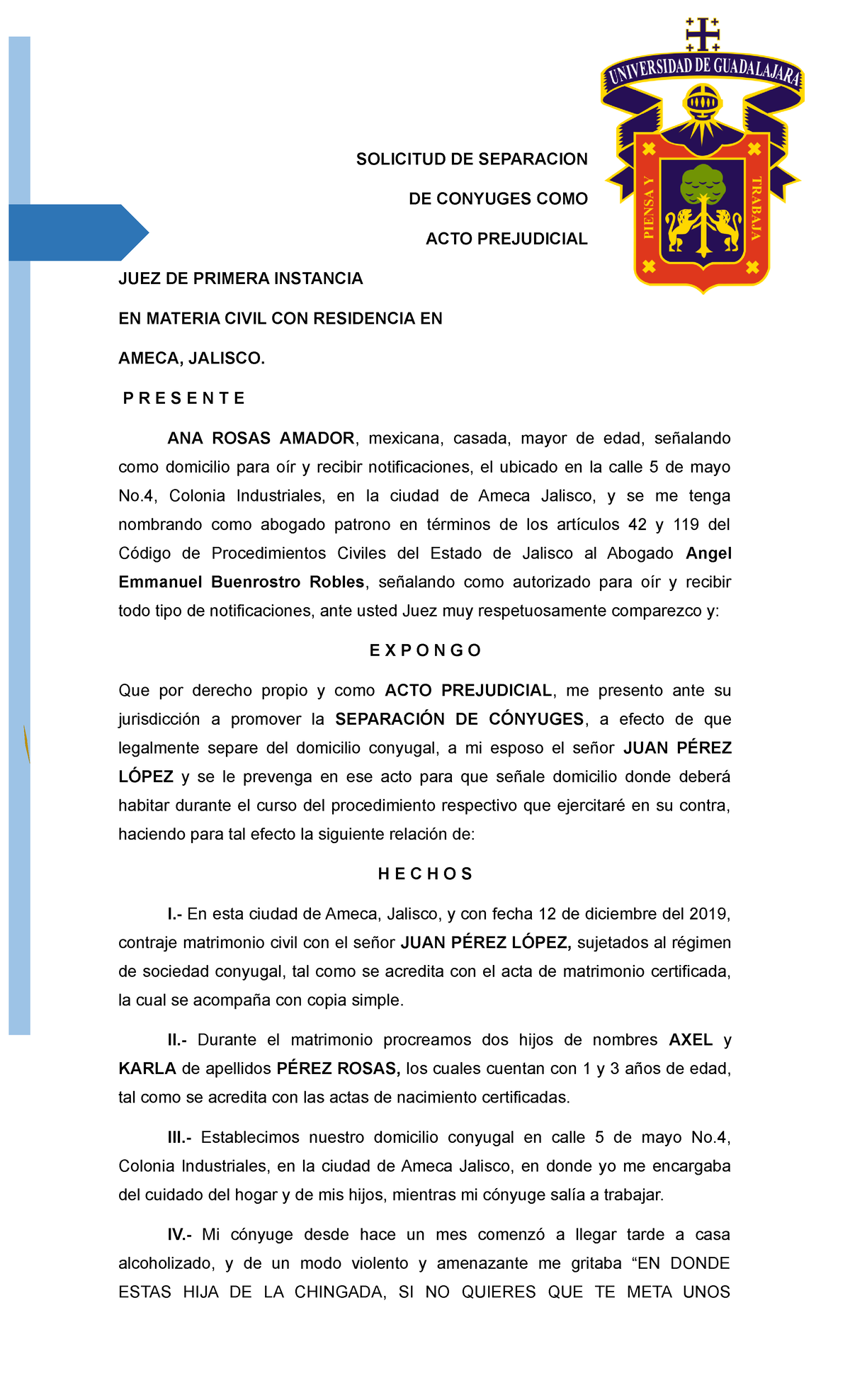 Solicitud de Separación de Cónyuges: Acto Prejudicial en Jalisco - Studocu