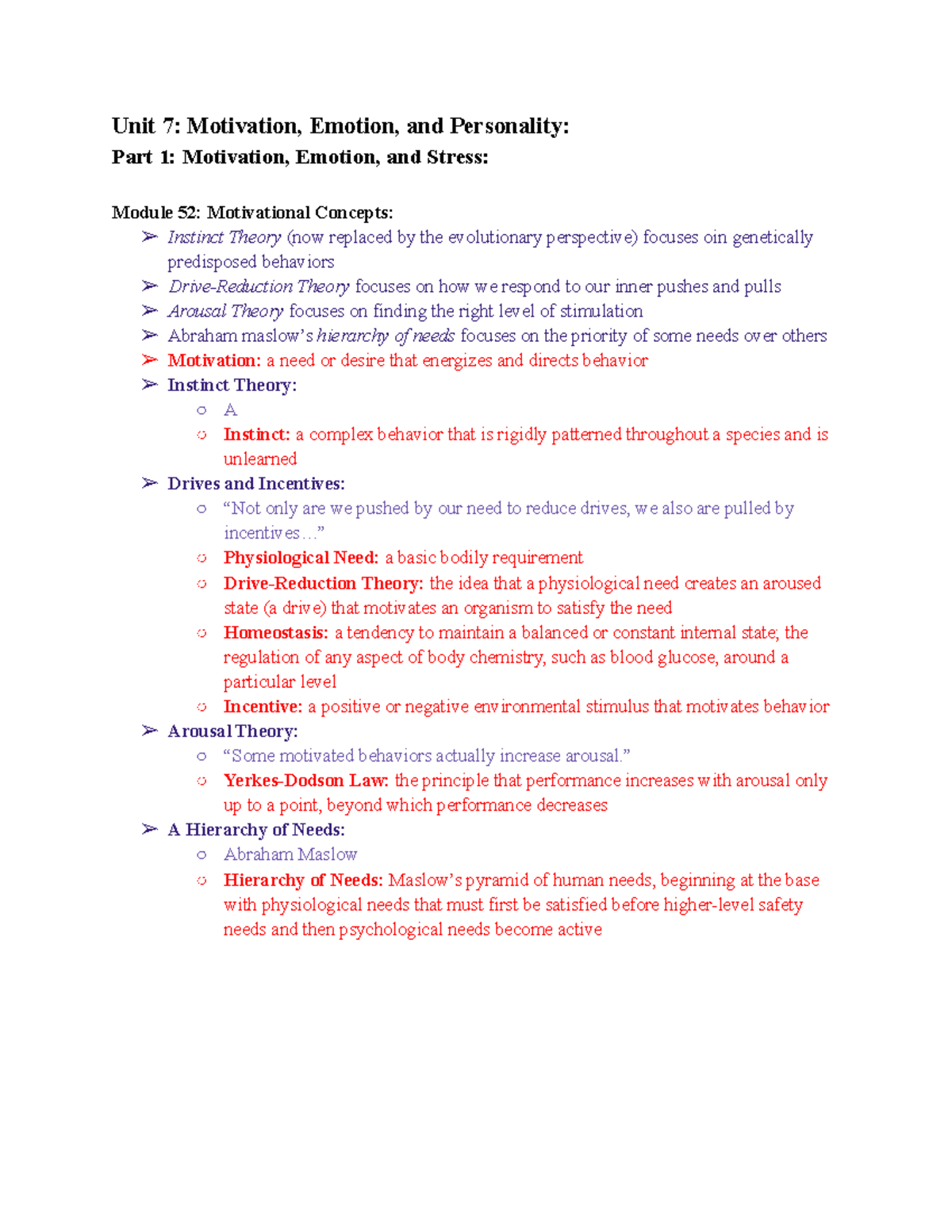 AP Psychology Unit 7 Outline: Motivation, Emotion, and Personality Part ...