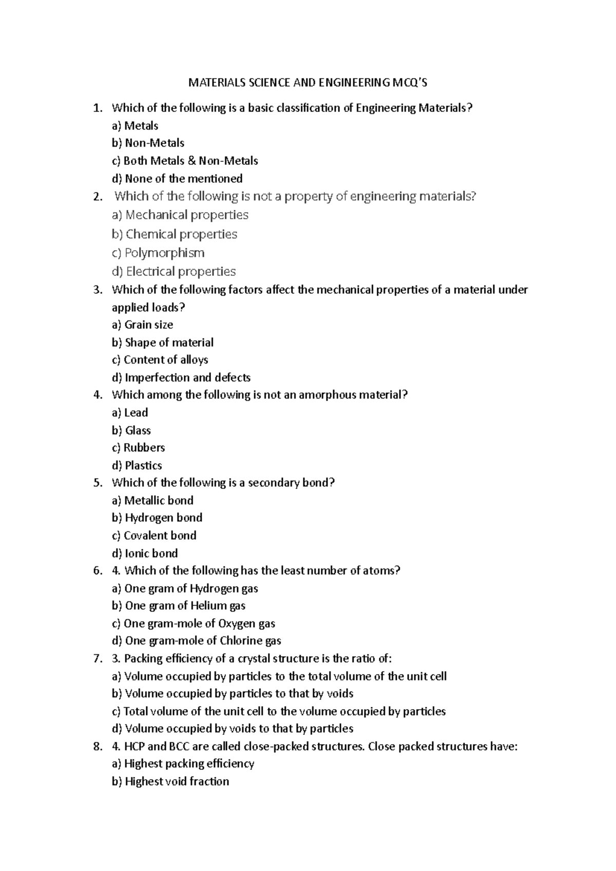 MSE 1: Multiple Choice Questions on Materials Science and Engineering ...