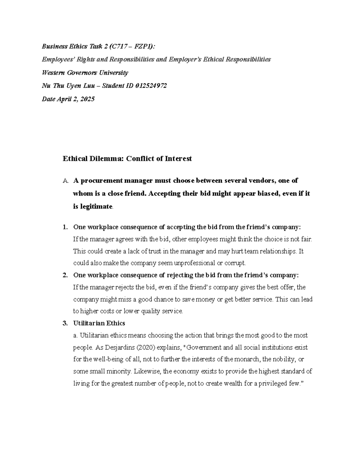 Business Ethics Task 2 (C717 FZP1): Ethical Dilemmas & Resolutions ...