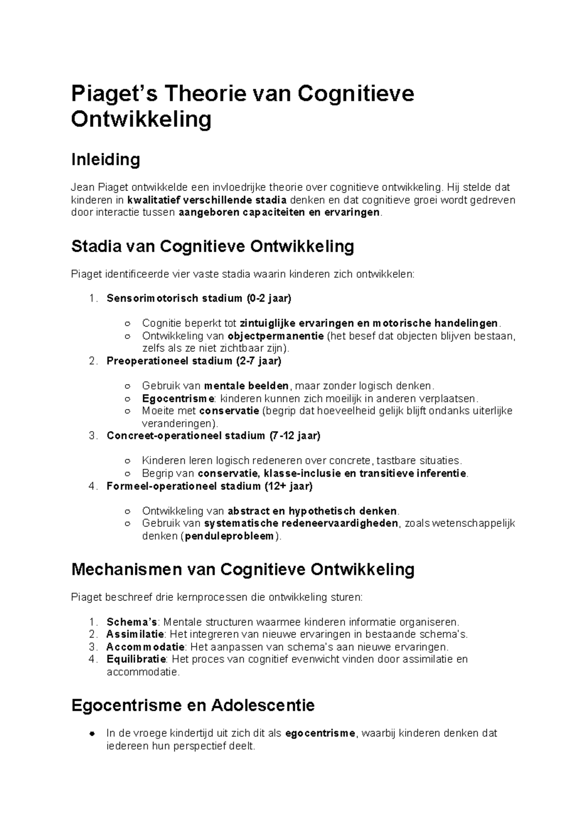 Cognitieve Ontwikkeling volgens Piaget: Theorie en Stadia (OntwPsych ...