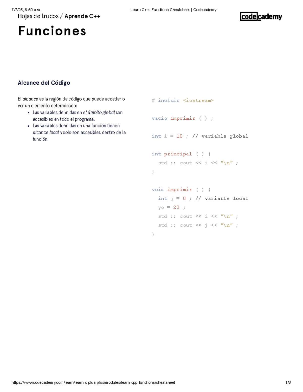 Learn C++ Functions Cheatsheet (Codecademy) - Studocu