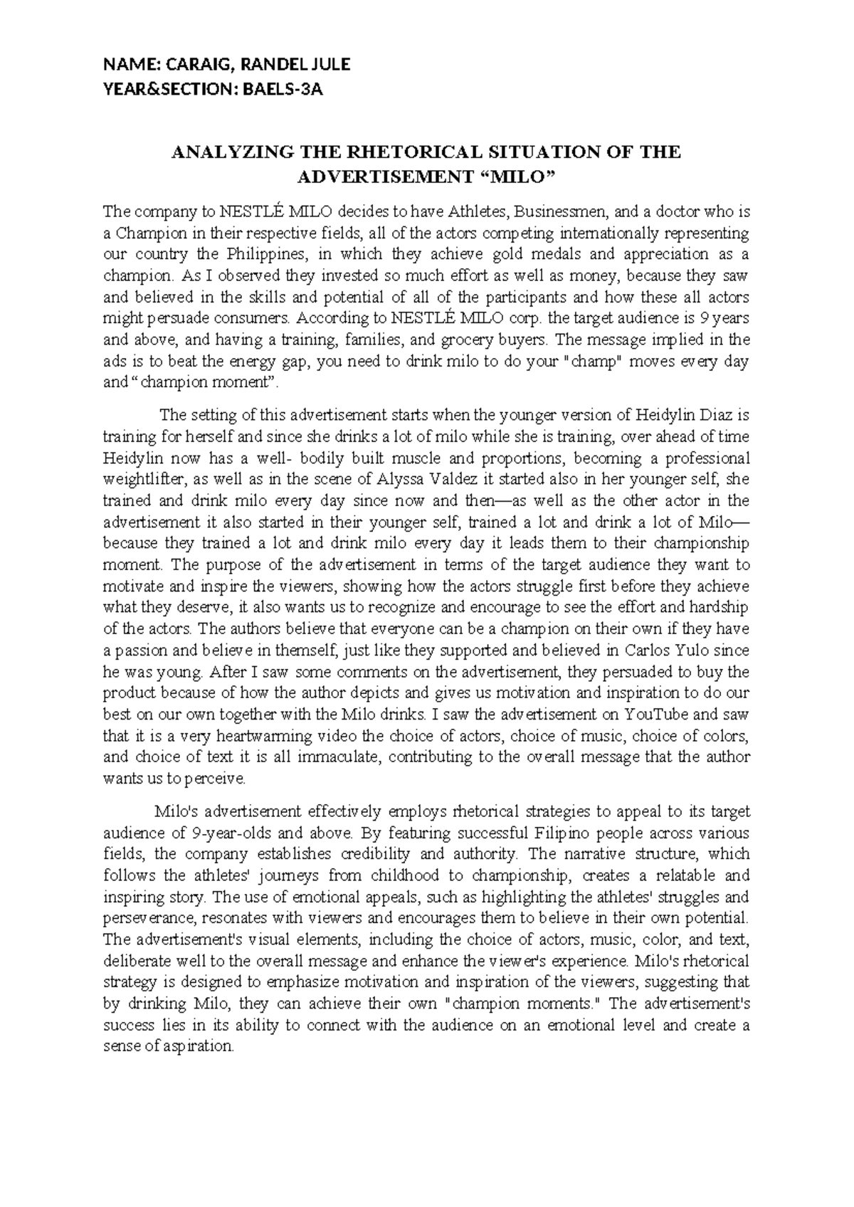 Analyzing the Rhetorical Situation in MILO's Advertisement (BAELS-3A ...