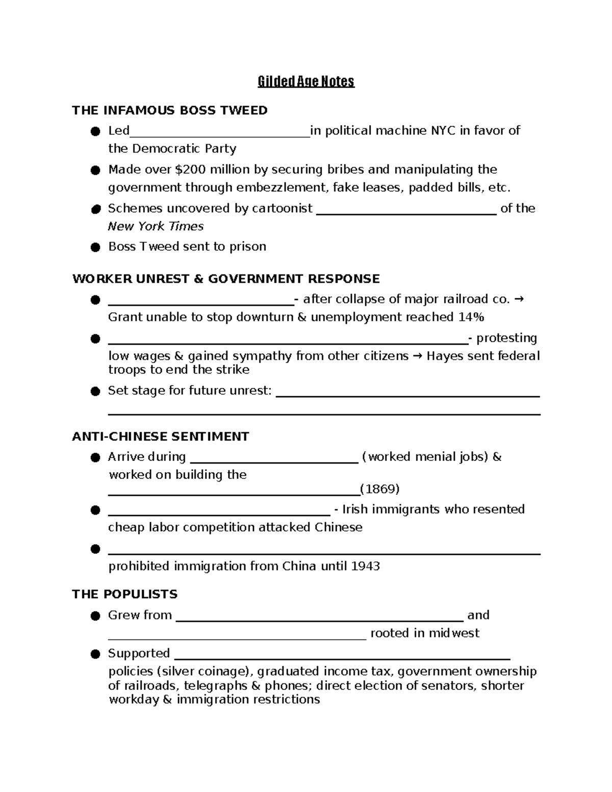 APUSH Gilded Age Notes: Boss Tweed, Worker Unrest & Populism - Studocu