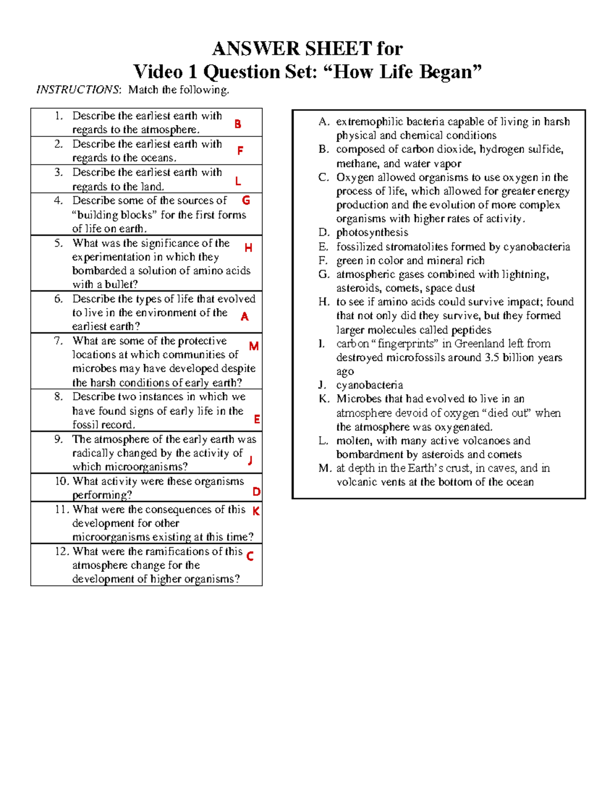 Video 1 Answer Sheet: How Life Began - Match Questions & Answers - Studocu