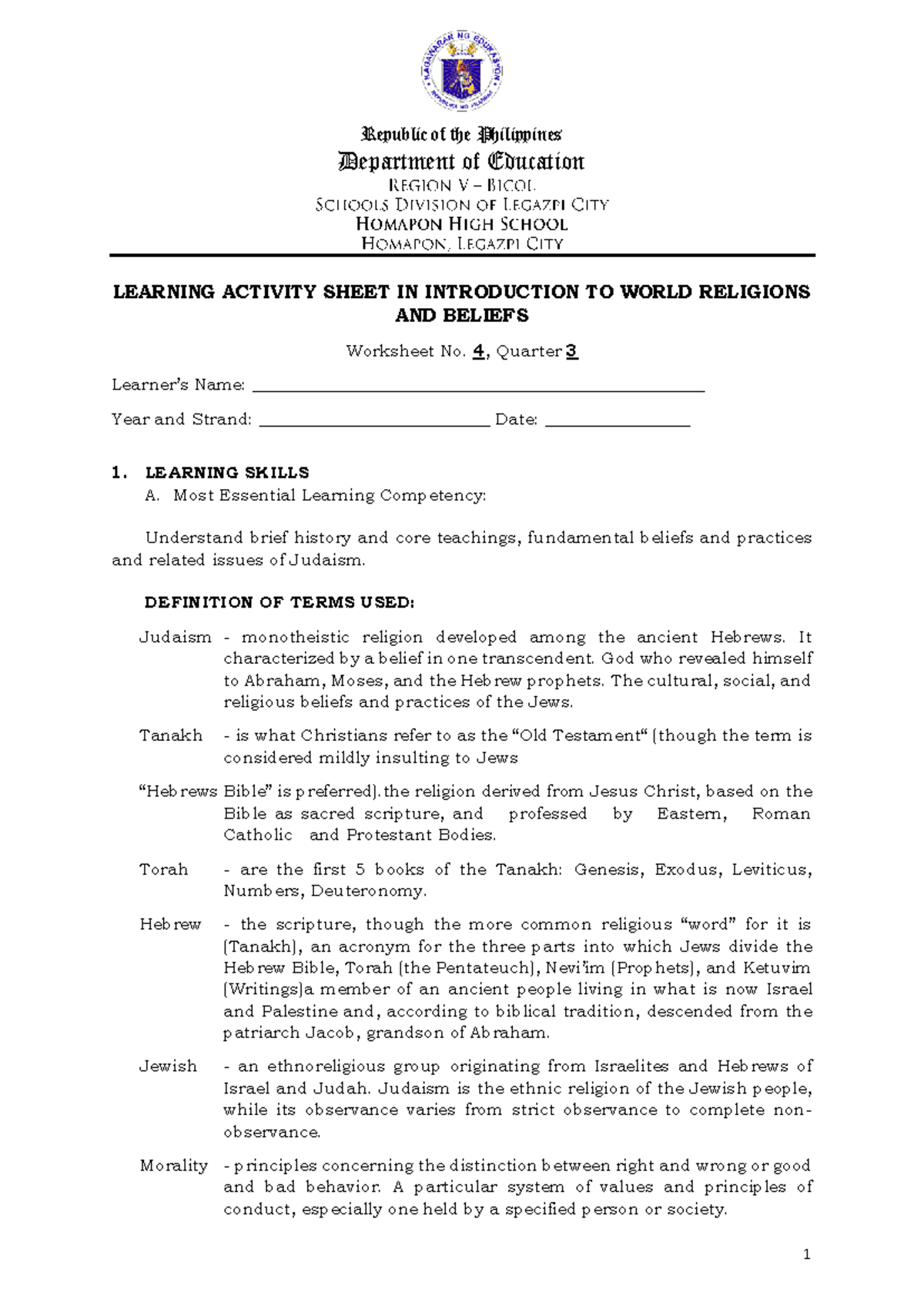 LAS IWRB Mod. 4 - Learning Activity Sheet on Judaism - Studocu