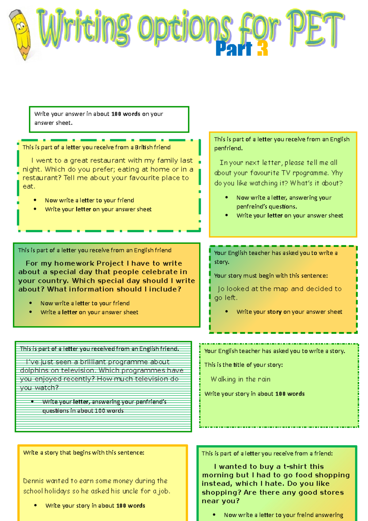 Writing for PET Part 3: Creative Writing Tasks and Responses - Studocu