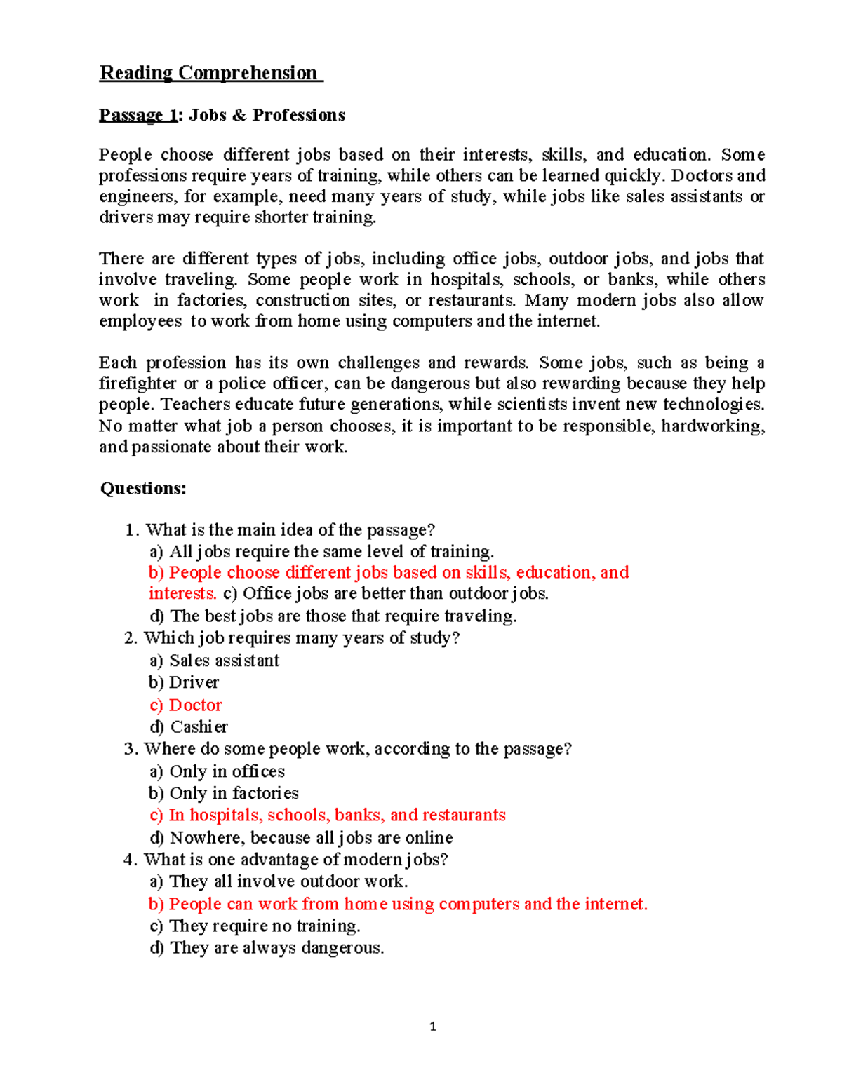 Reading Comprehension - Reading Comprehension Passage 1: Jobs ...