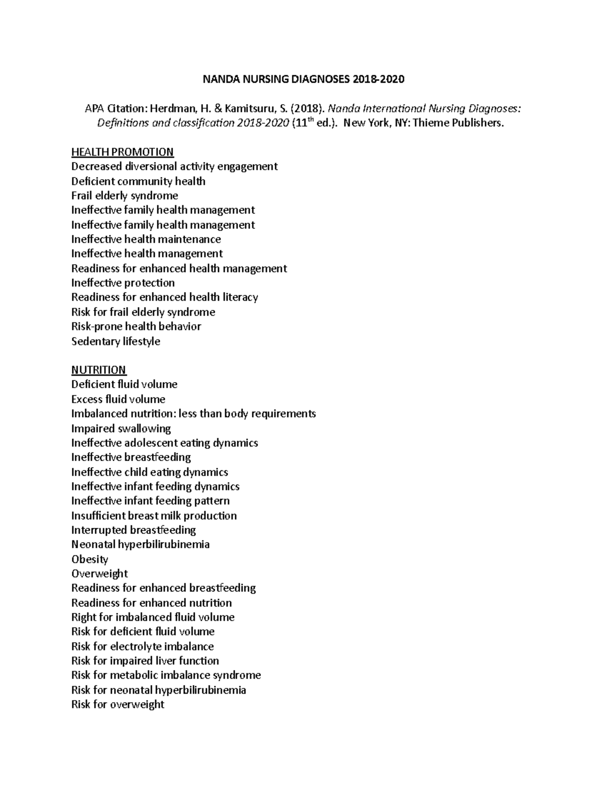 NANDA Nursing Diagnoses 2018-2020: Comprehensive Overview - Studocu