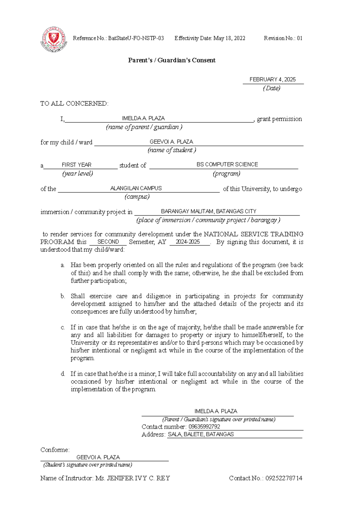 D1. Parent's Consent Waiver Template - Reference No.: BatStateU-FO-NSTP ...