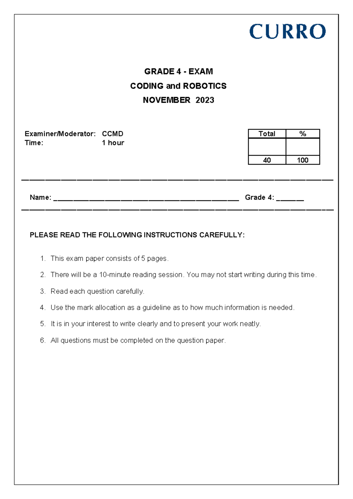 Gr. 4 Coding & Robotics Nov 2023 Exam - CCMD - Studocu