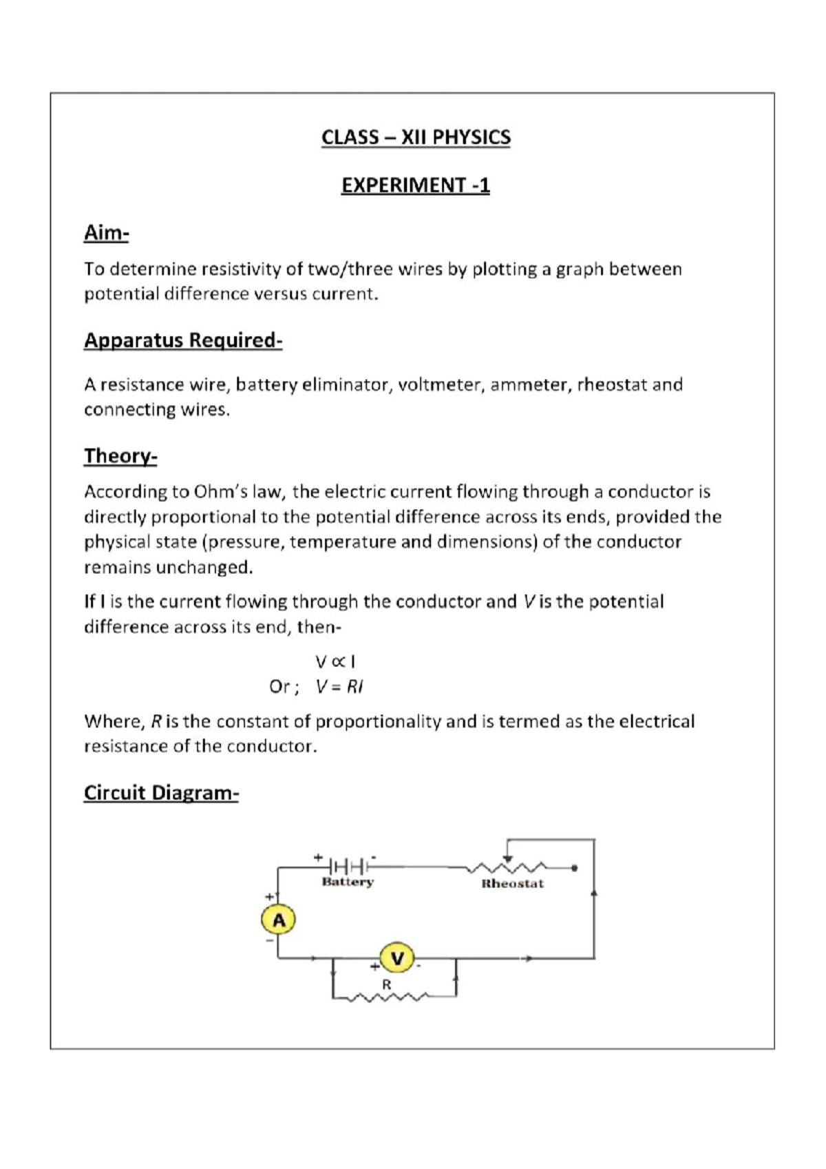 CLASS XII PHYSICS EXPERIMENT: Determining Wire Resistivity - Studocu