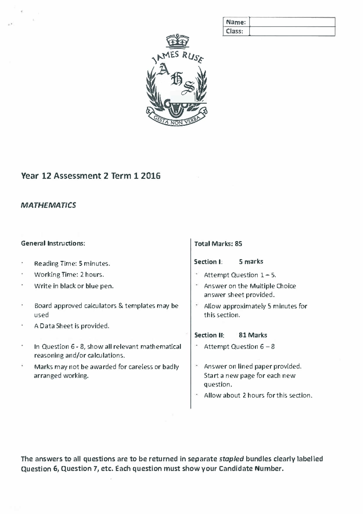 Year 12 Mathematics Assessment 2 Term 1 2016 - Solutions (2U HY) - Studocu