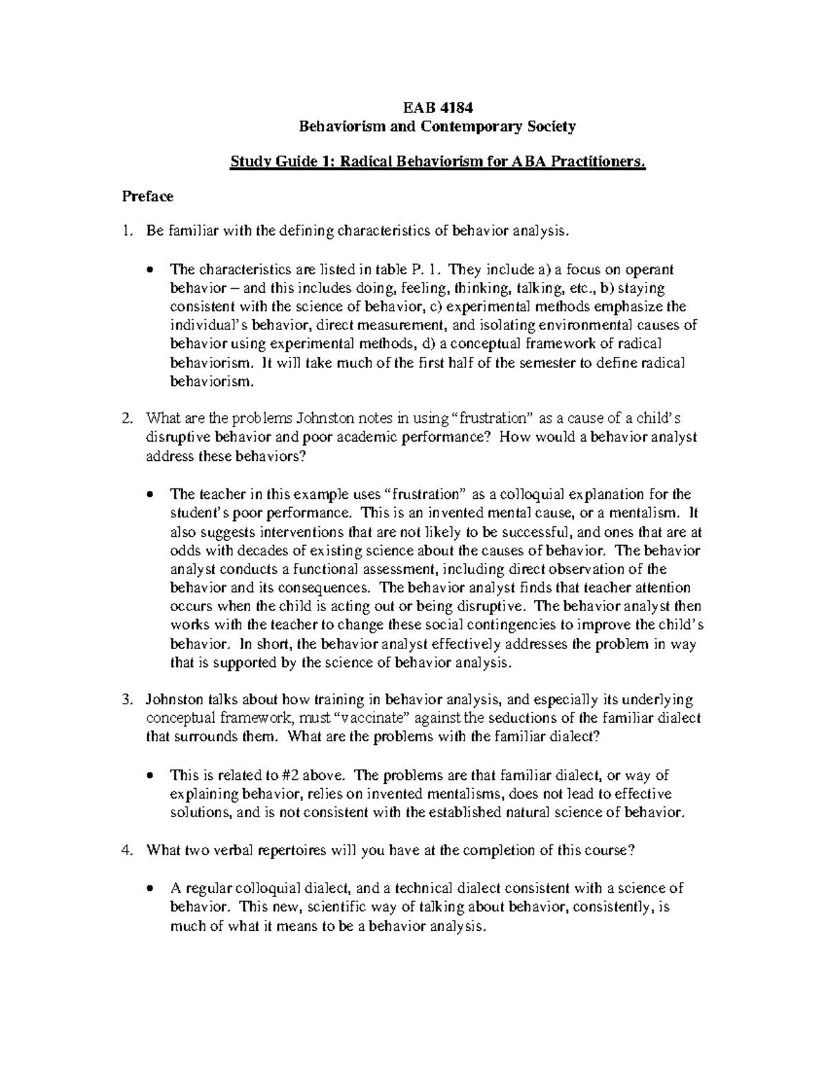 Study Guide 1 completed EAB4184 - EAB 4184 Behaviorism and Contemporary ...