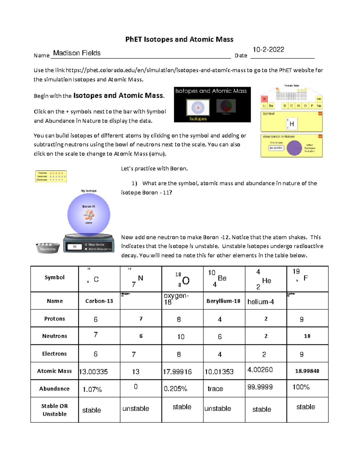 PhET Isotopes & Atomic Mass WS - Comprehensive Worksheet - Studocu