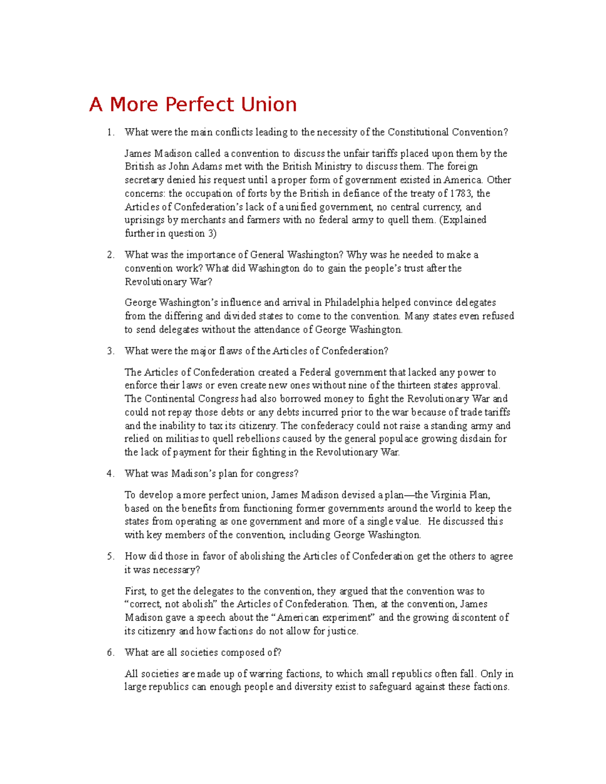A more perfect union - This is part of the first assignment packet and ...
