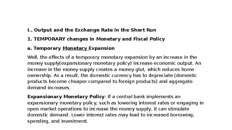 I. Output & Exchange Rate: Short-Run Effects of Monetary Policy - Studocu