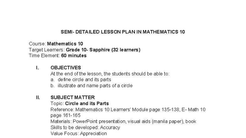 Mathematics 10 Lesson Plan: Understanding Circles and Their Parts - Studocu