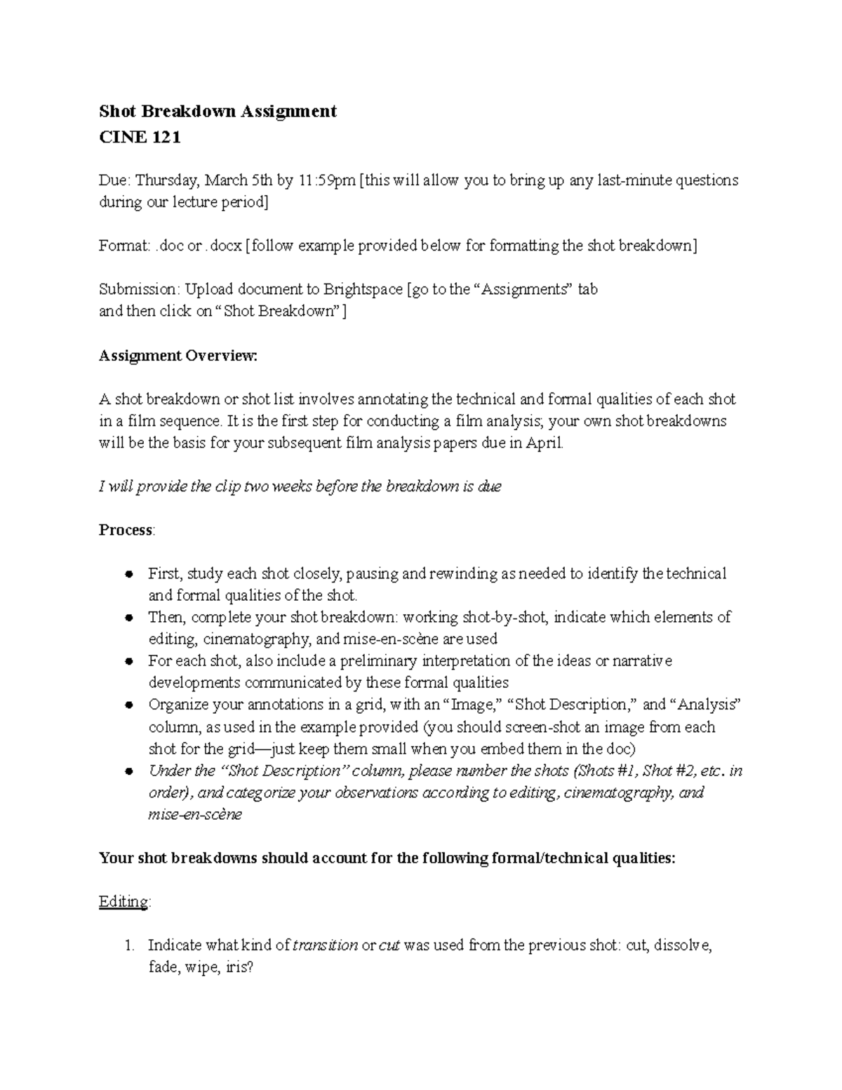 Shot Breakdown Assignment CINE 121: Analyzing Film Techniques - Studocu