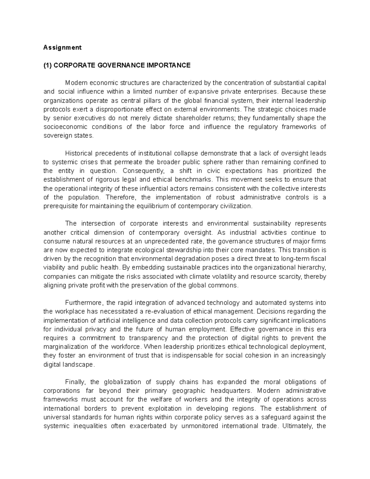 Assignment 1: Corporate Governance in Modern Economic Structures [401 ...