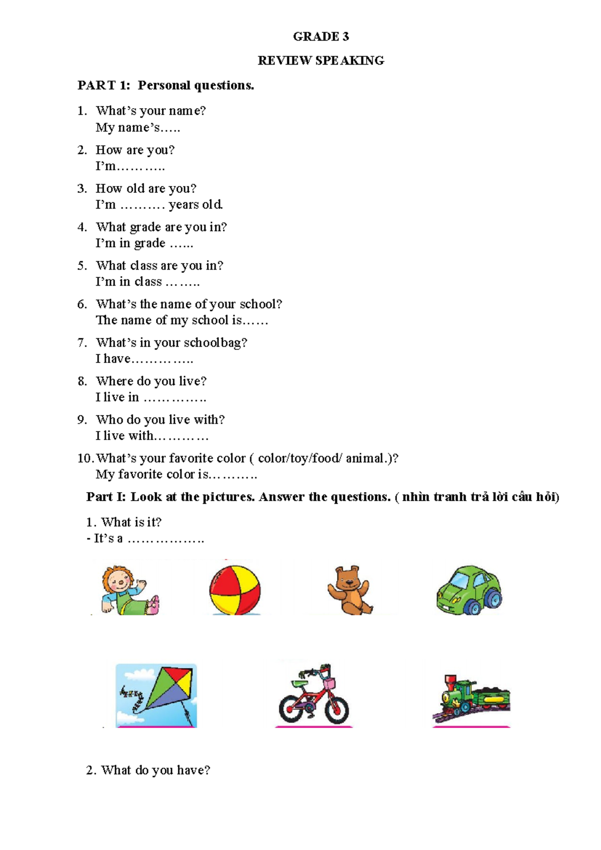 GRADE 3 REVIEW: SPEAKING PART 1 - Personal Questions & Answers - Studocu