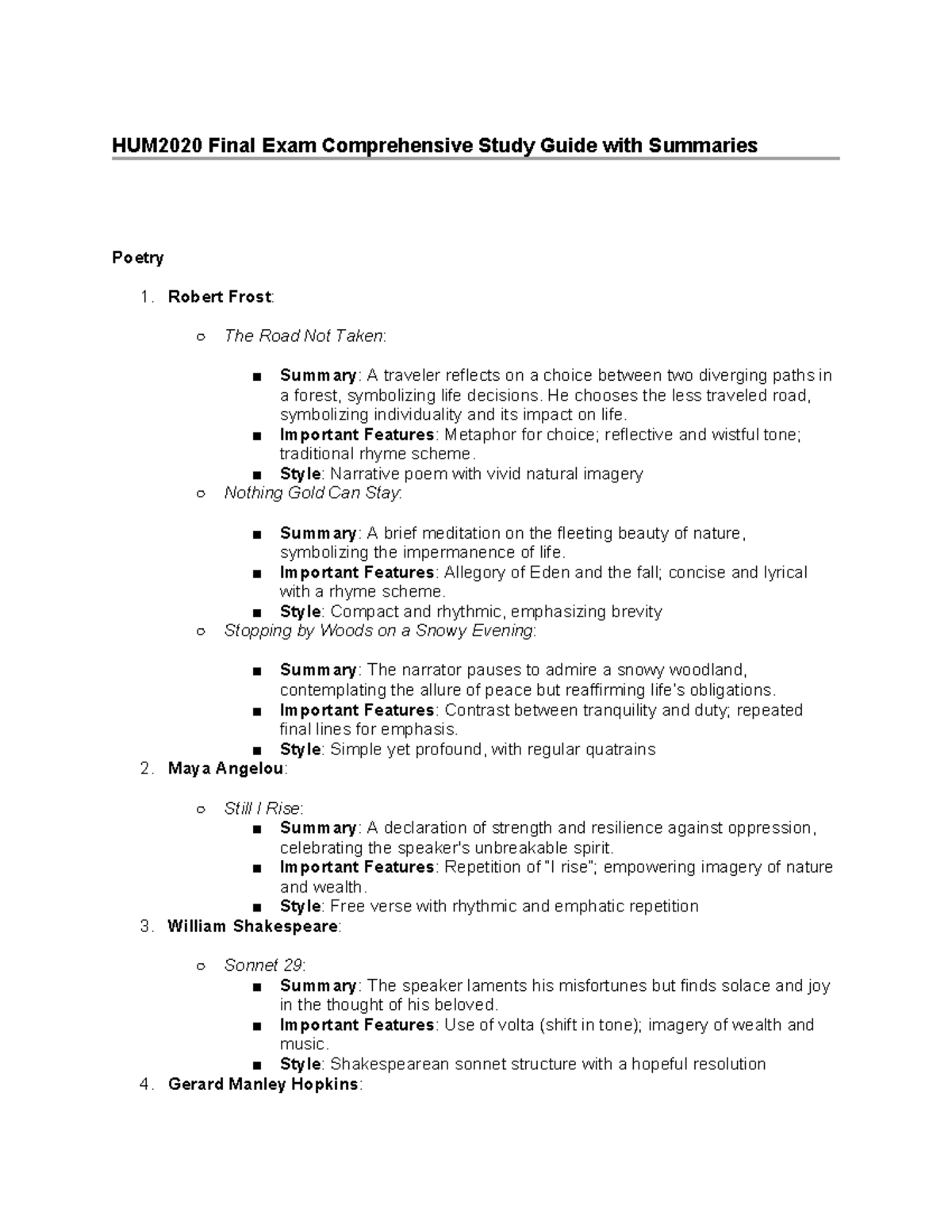 HUM2020 Final Exam Comprehensive Study Guide on Poetry & Art - Studocu