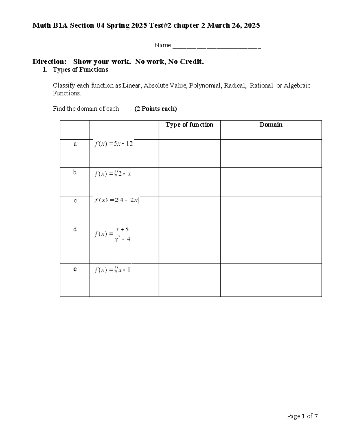 Math B1A Section 04 Spring 2025 Test #2: Chapter 2 Functions & Graphs ...