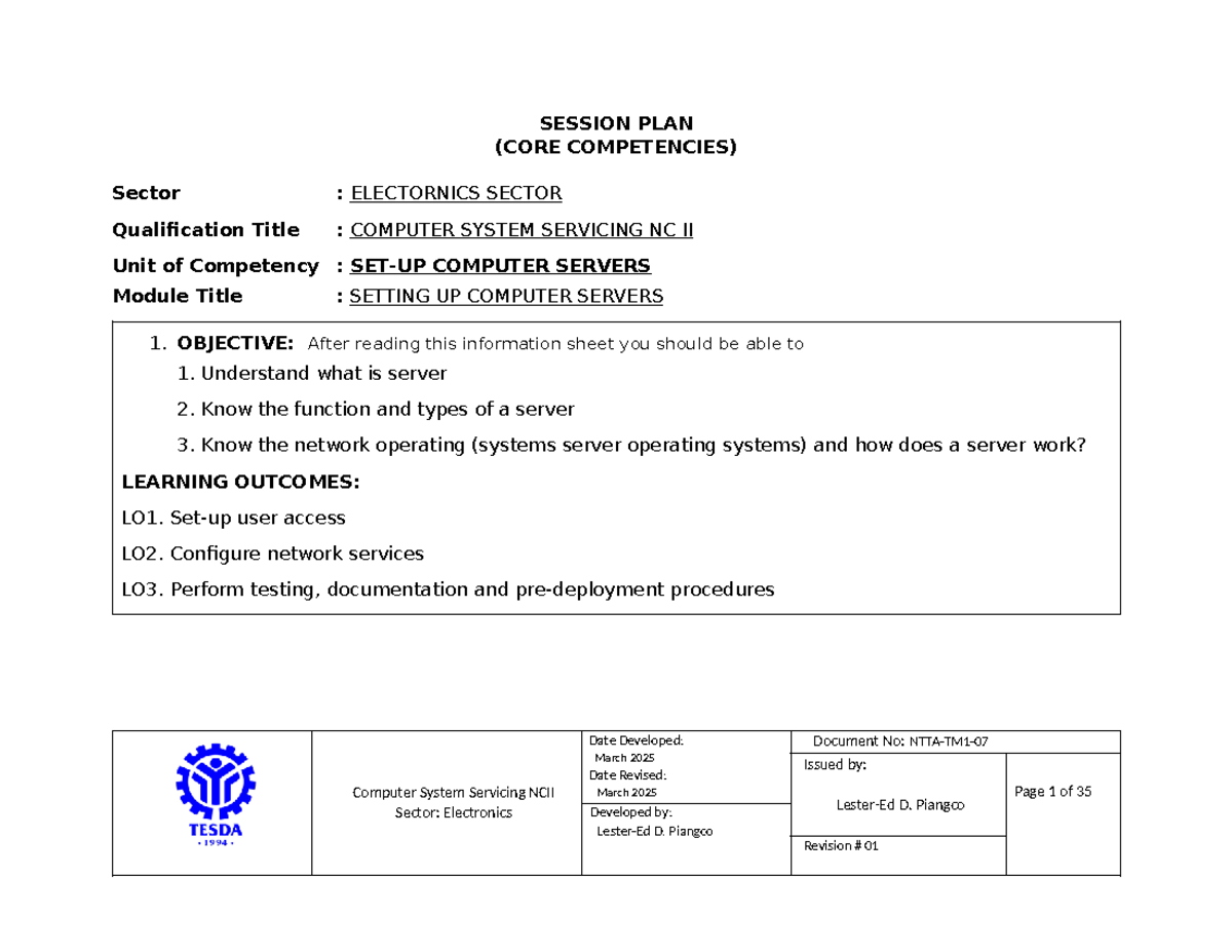 Session Plan for Computer System Servicing NC II: Setting Up Servers ...