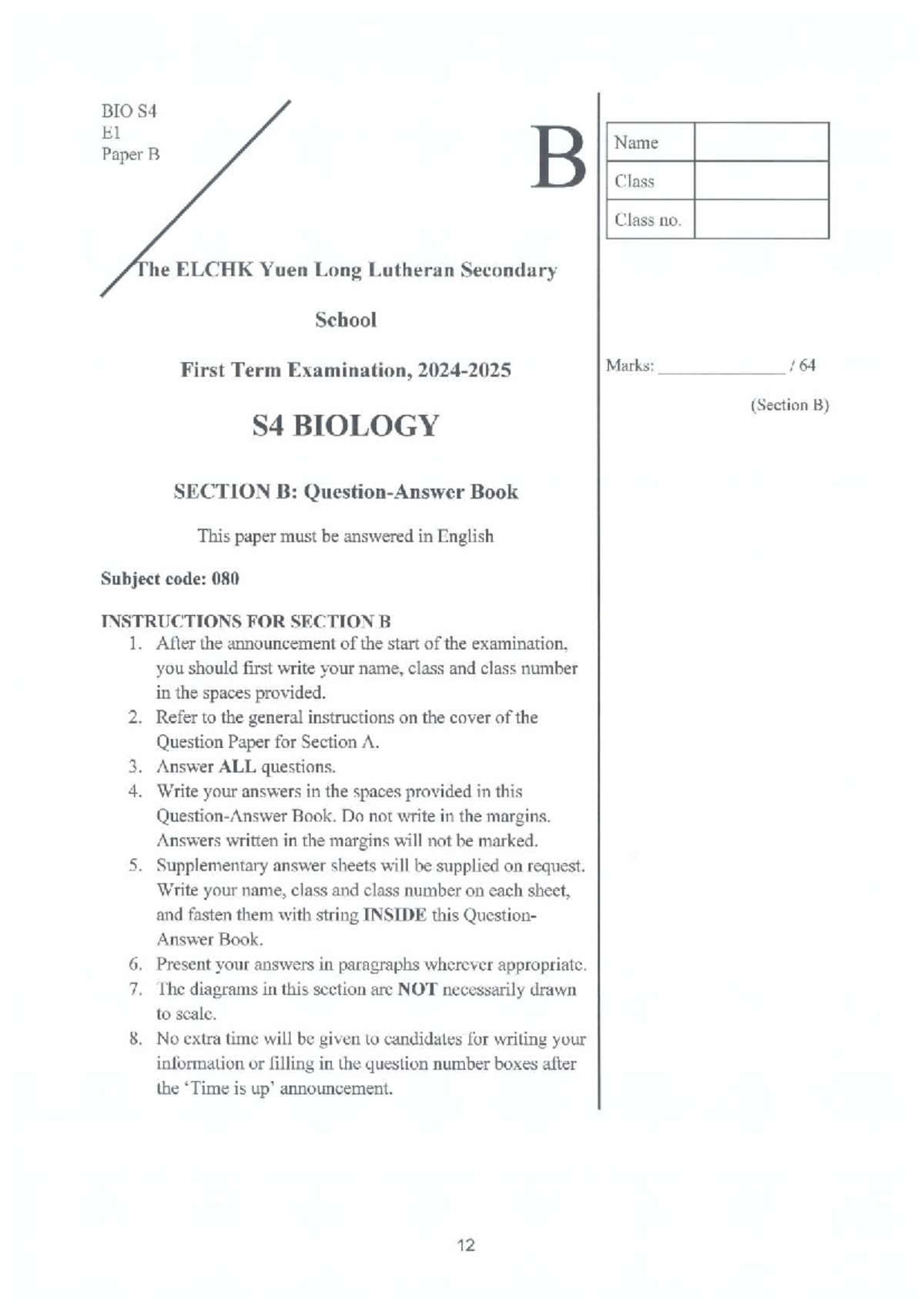 BIO 080 S4 First Term Exam Paper B - Section B Answers - Studocu