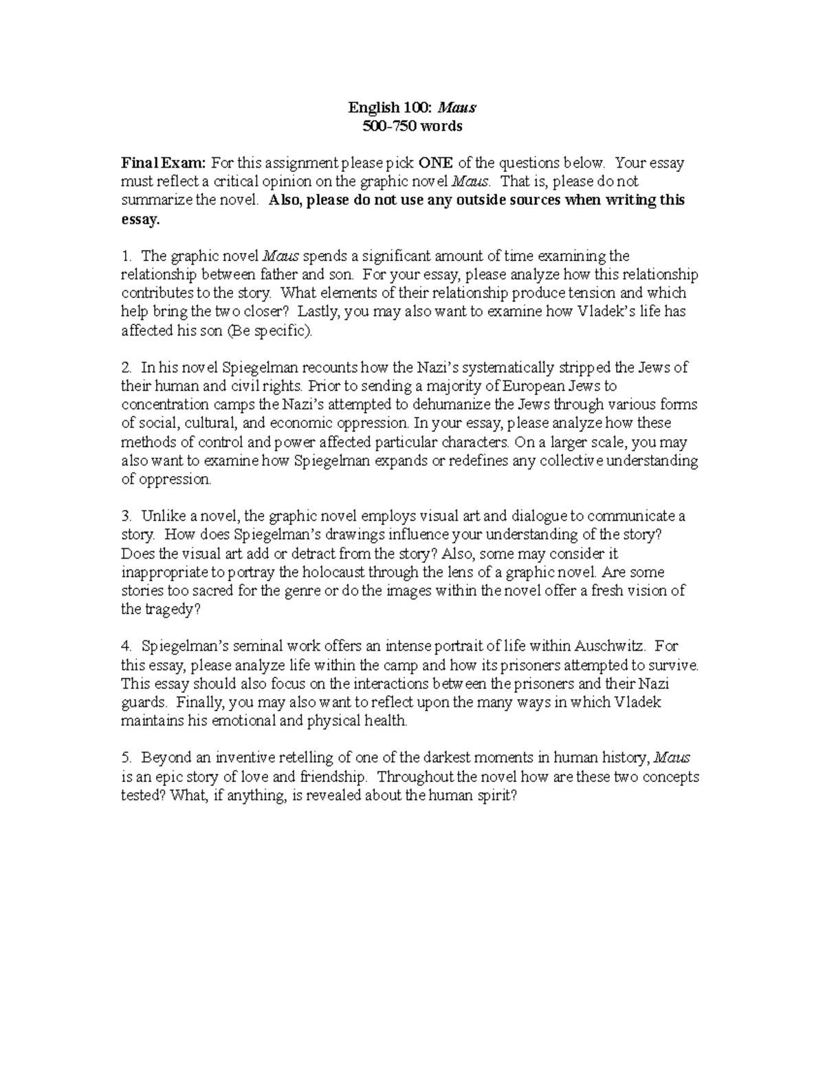 English 100: Final Exam Essay Prompts for Maus Analysis - Studocu