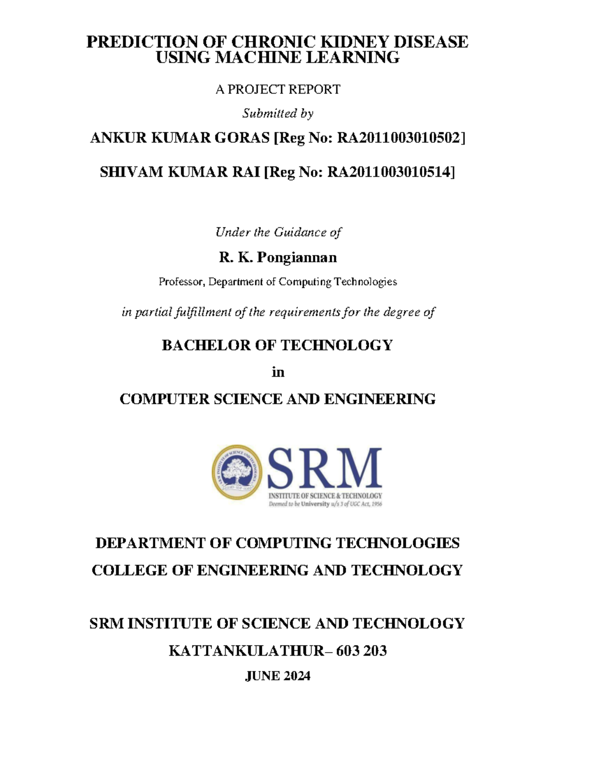 Final Project Report: CKD Prediction using ML Techniques (18CSP109L ...