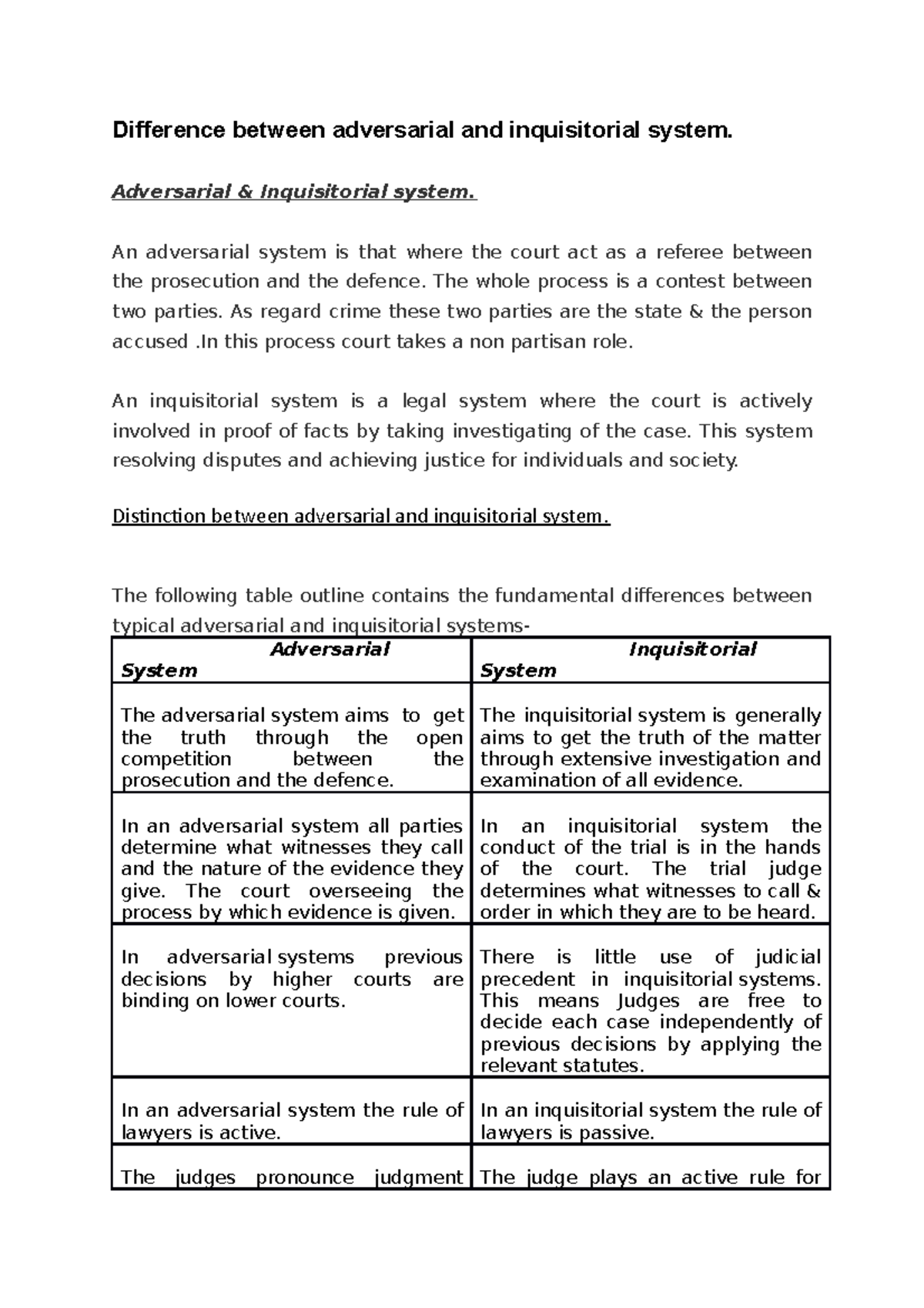 Comparative Analysis of Adversarial vs. Inquisitorial Systems - Studeersnel