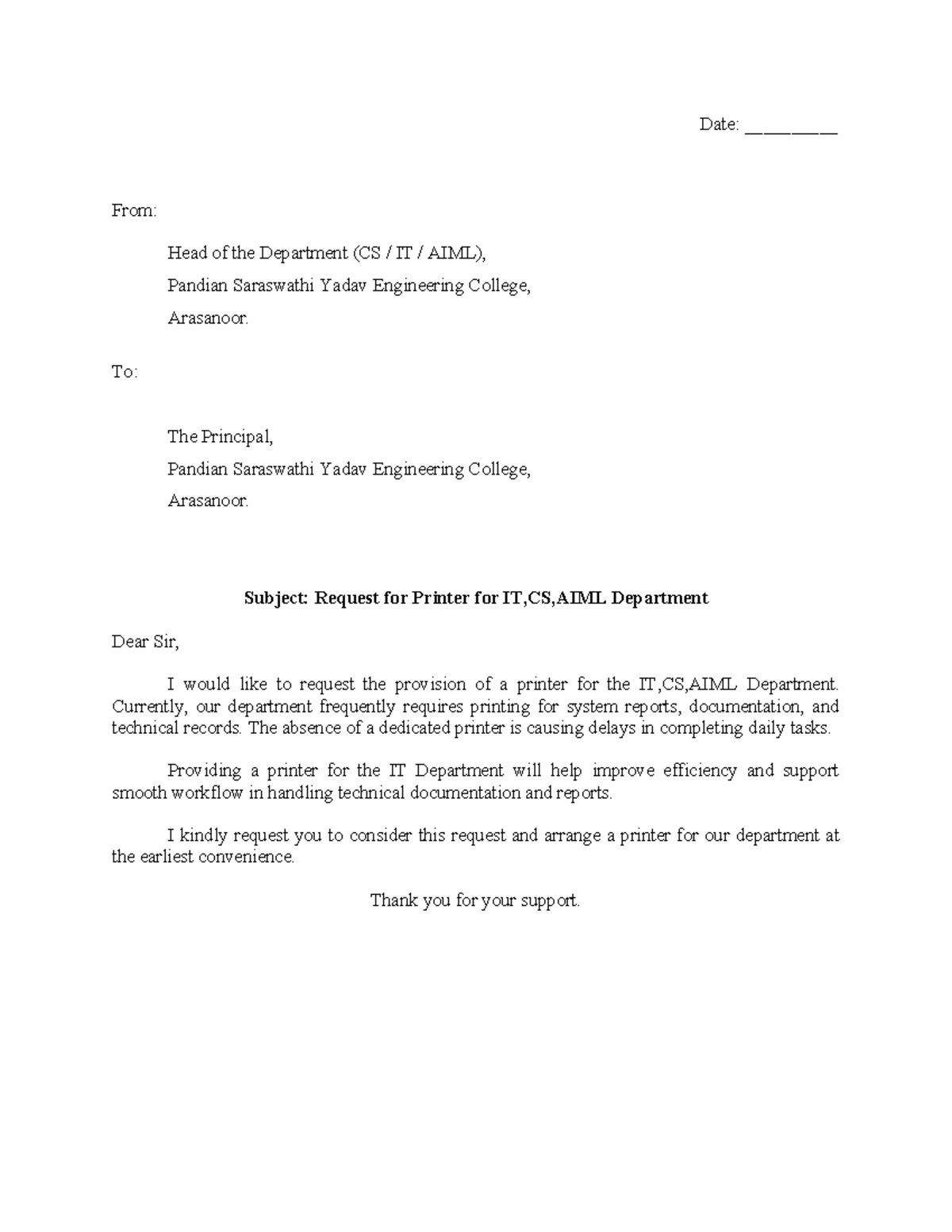 Request Letter for Printer - IT, CS, AIML Dept - Studocu