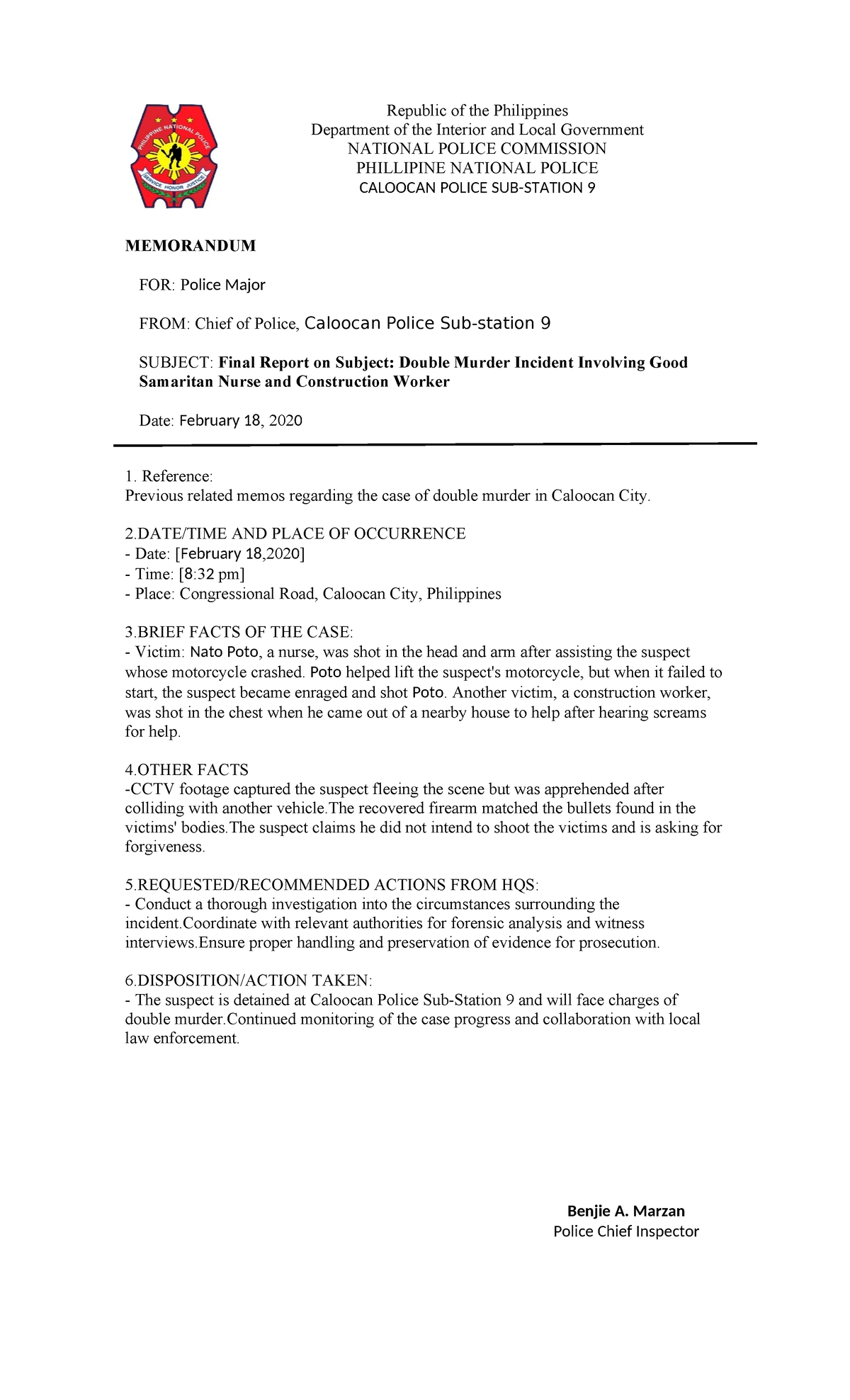 Final Report on Double Murder Incident - Caloocan PS9 - Studocu