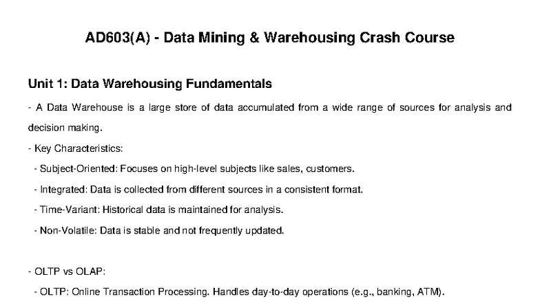 AD603(A) Data Mining Crash Course Notes: Units 1-4 Overview - Studocu