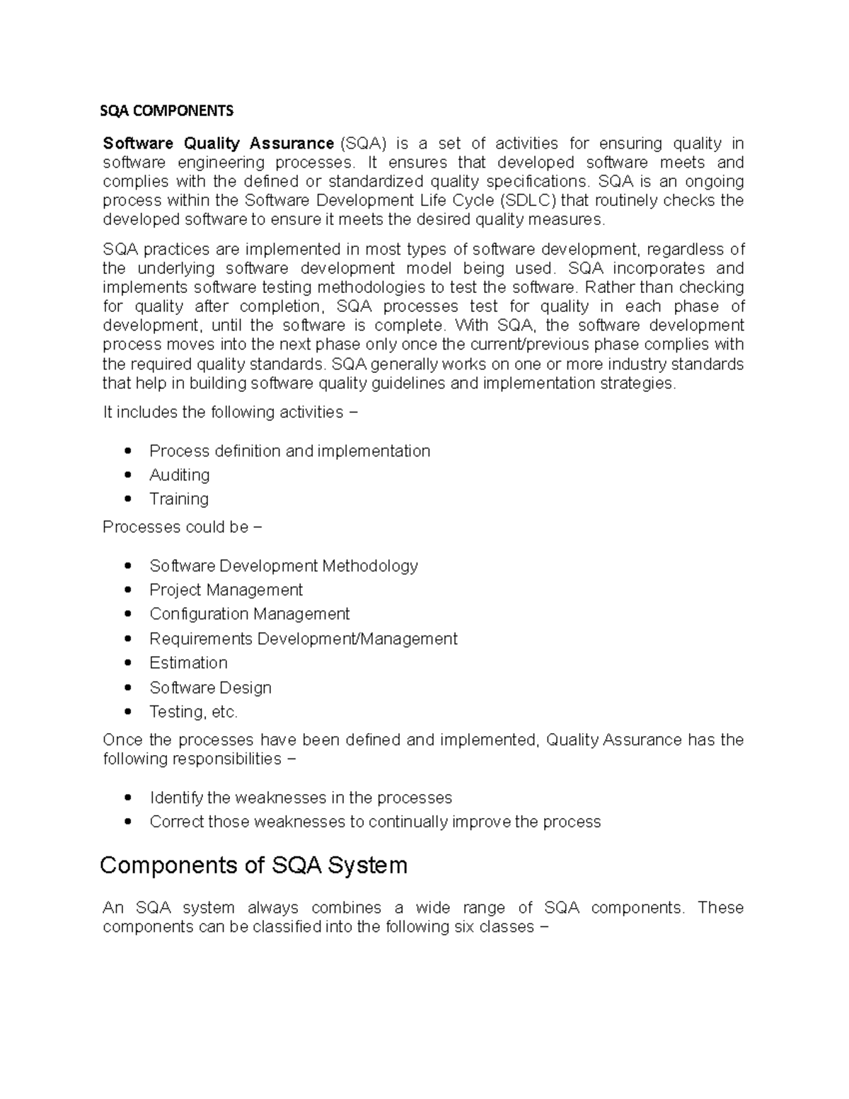 SQA Components Overview: Understanding Software Quality Assurance - Studocu