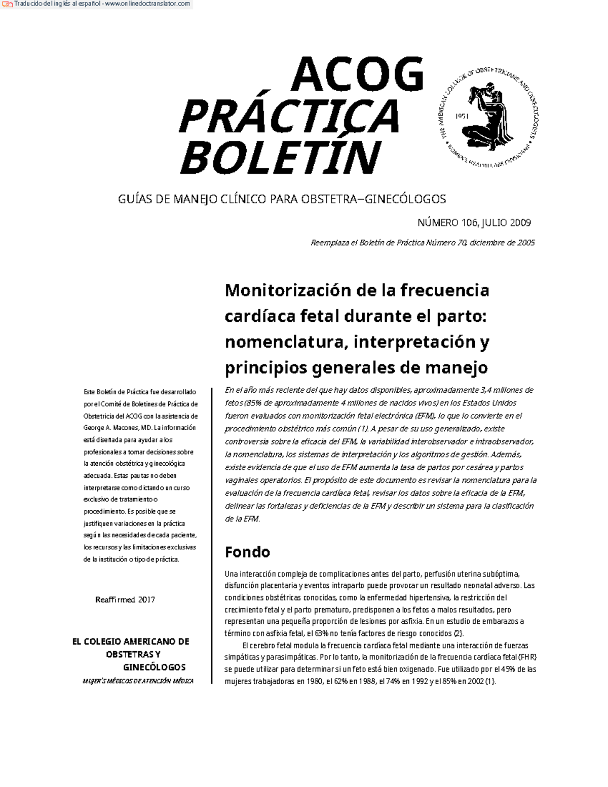 Guía de Manejo Clínico del EFM en el Parto - ACOG, Nº 106, 2009 - Studocu